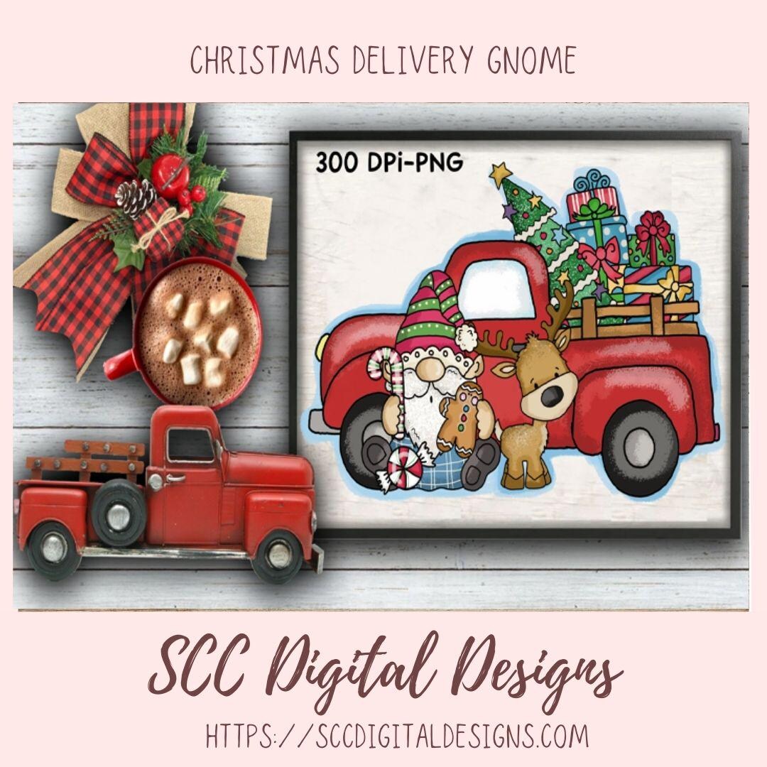 Christmas Gnome Clipart, Vintage Red Truck PNG, Santa Gnome, Christmas ...