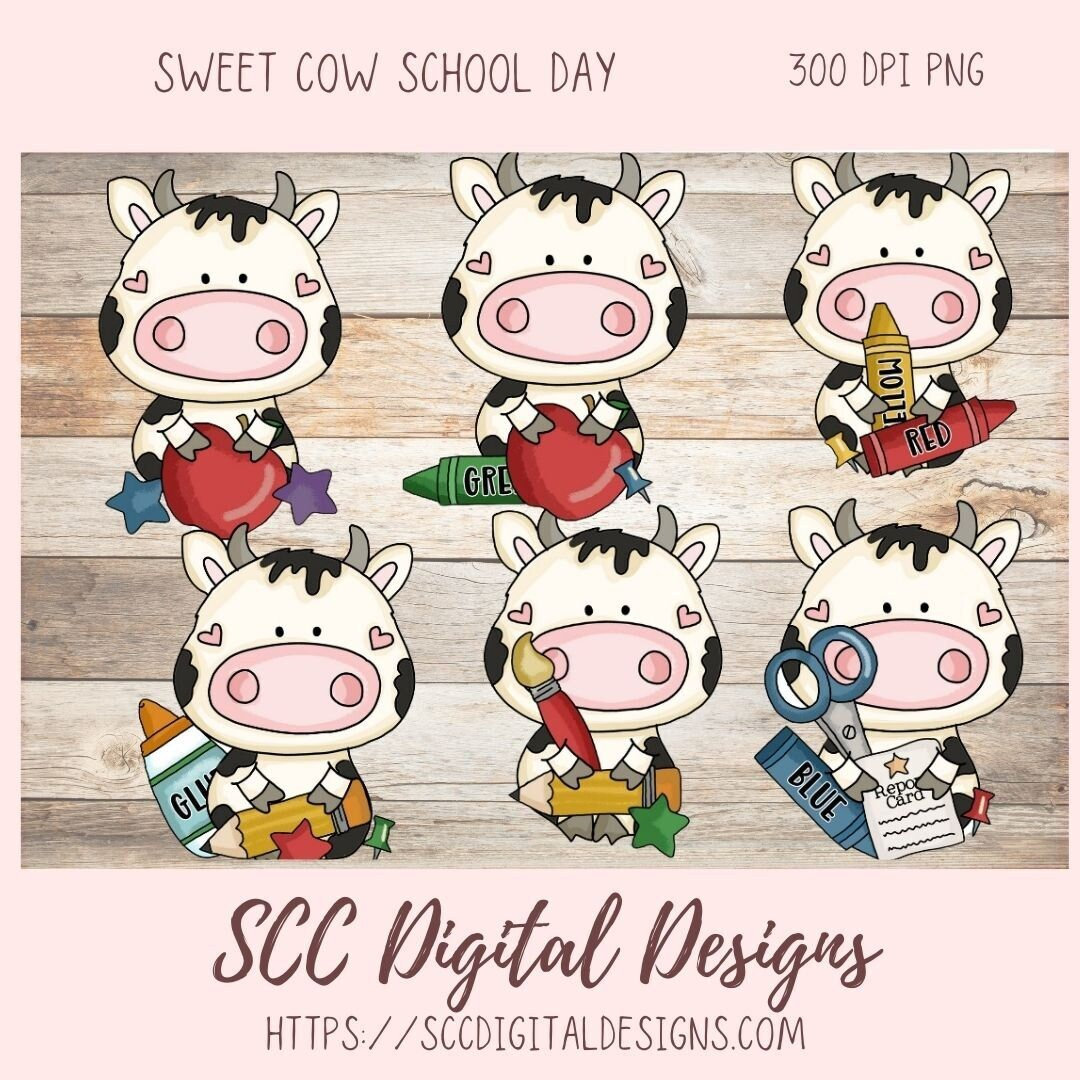 Sweet Cows School Days Clipart, Black & White Cows, Crayons, Glue ...