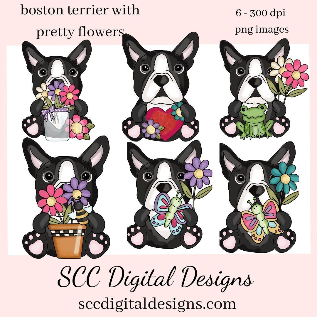 Boston Terrier Pretty Flowers Clipart, Dog With Spring Flowers ...
