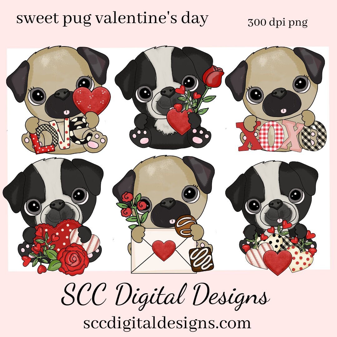 Pug PNG, Dog Valentine's Clipart, DIY Gift for Her, Dog PNG for ...