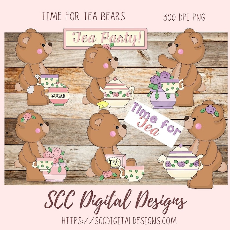 Whimsical Bear Clipart, Time for Tea PNG Designs for Stickers ...