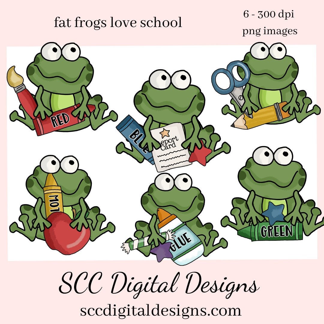 Fat Frogs Love School Clipart, Crayons, Glue, Report Card, Teacher ...