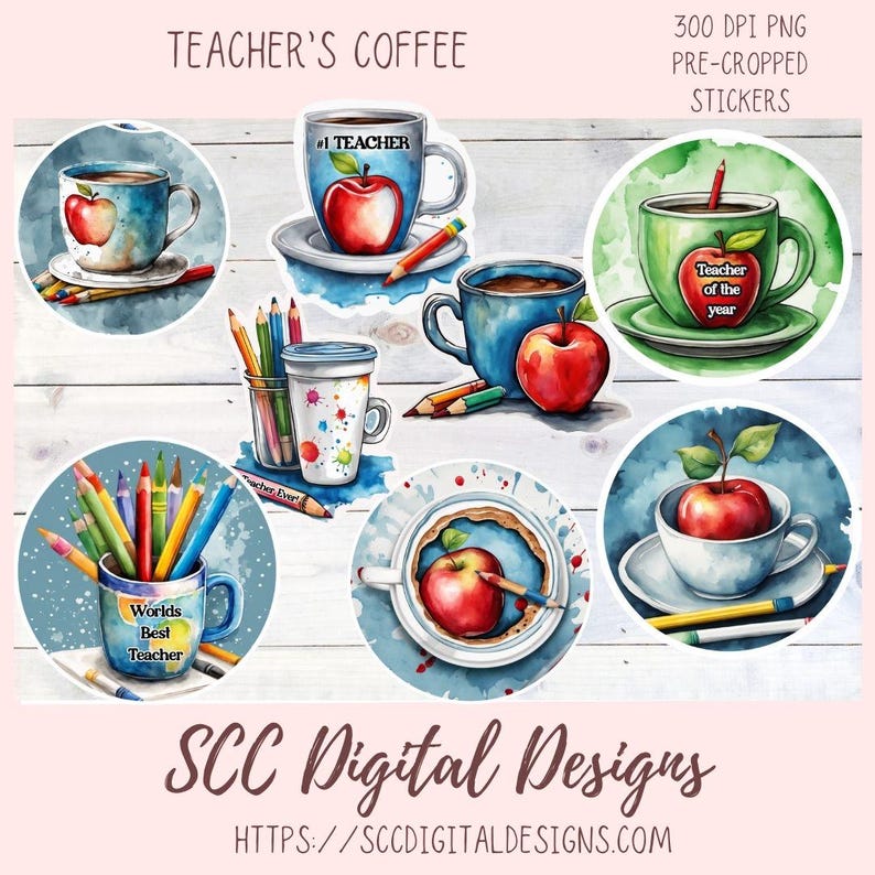 Teacher Clipart, Digital PNG Bundle, Print & Cut Sticker Set, Coffee ...