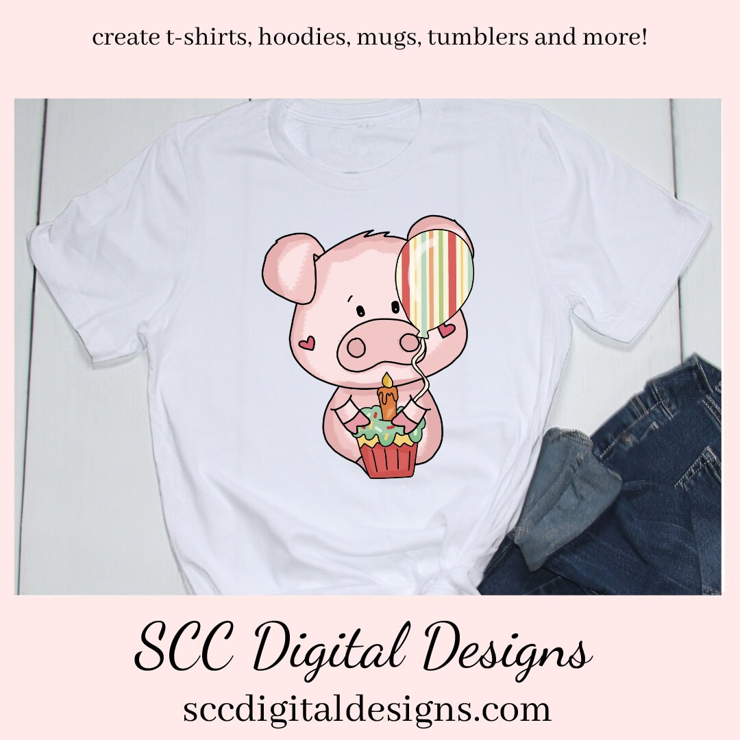 Sweet Pigs Birthday Clipart, Pig With Cupcakes, Balloons & Birthday ...