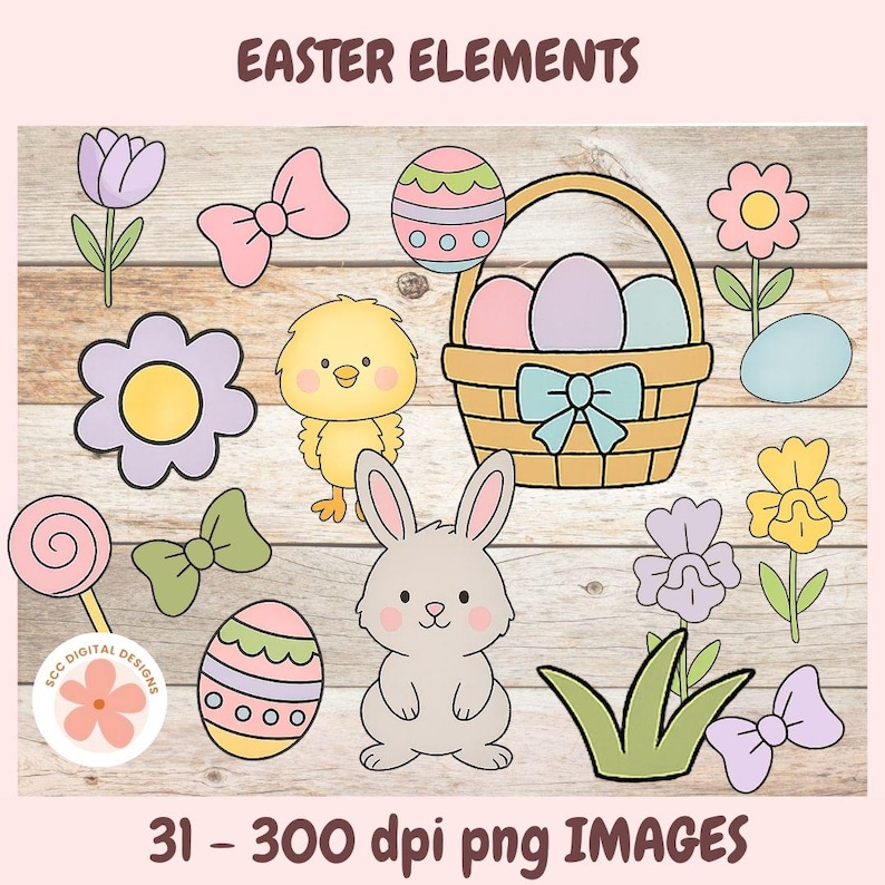 Cute Easter Clipart, Spring Floral, Bunny PNG, Chick, Pastel Colored ...