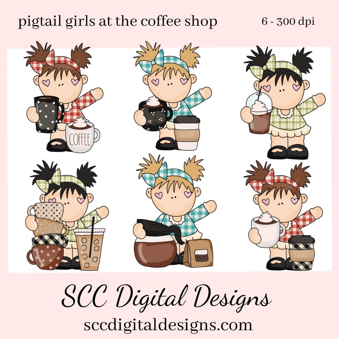 Pig Tail Girls at the Coffee Shop Clipart, Mocha, Latte, DIY Java Shop ...