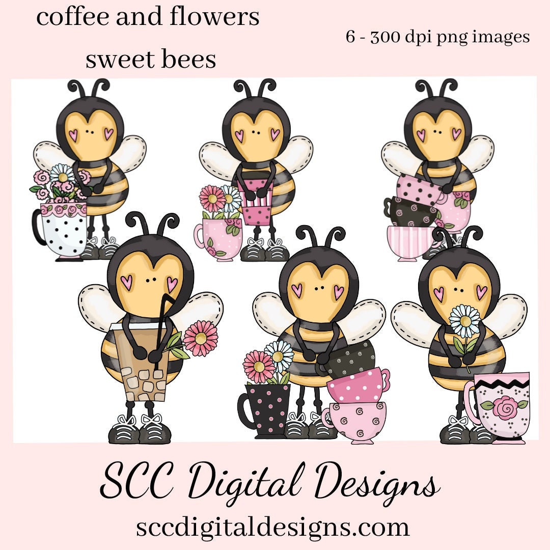 Coffee & Flowers Sweet Bees Clipart, Java Lover Bee With Latte's, Mugs ...