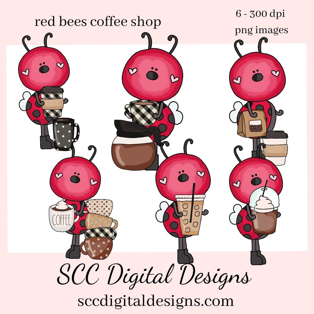 Red Bees Coffee Shop Clipart, Bee, Latte, Mocha, Coffee Mugs, Java Shop ...