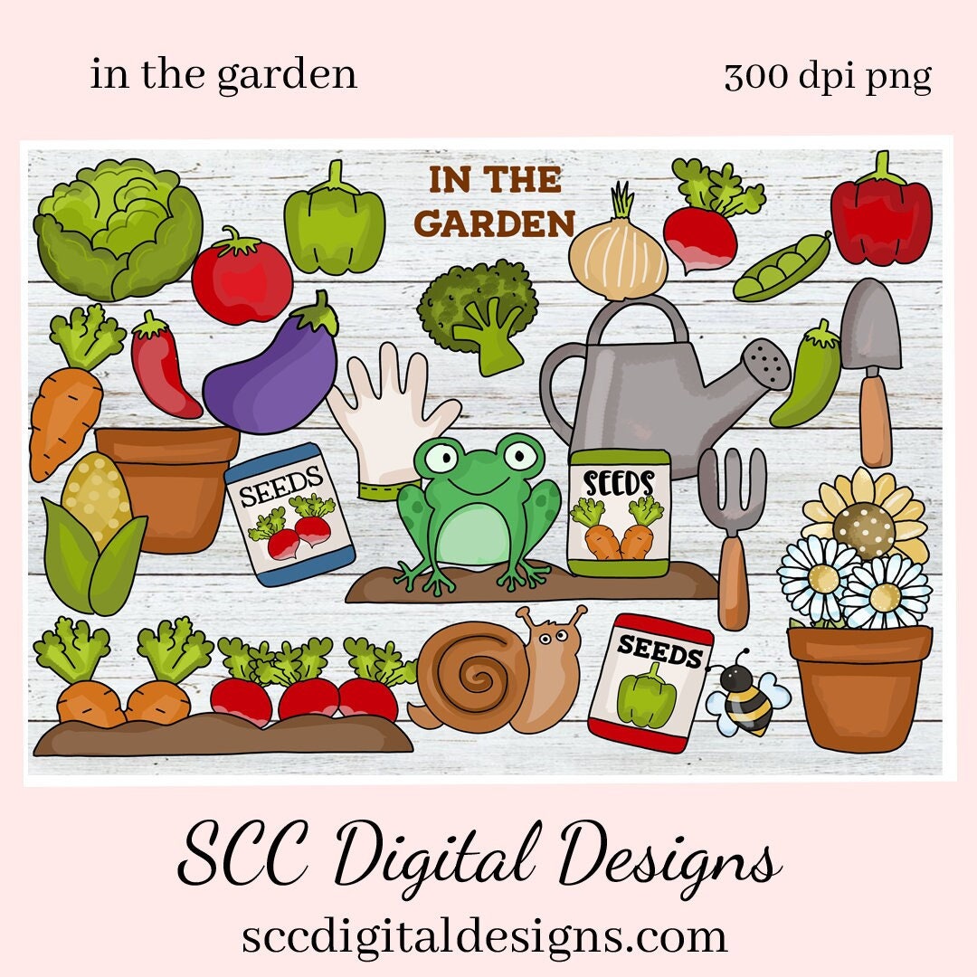 In the Garden Elements Clipart, Seed Packets, Watering Can, Shovel ...