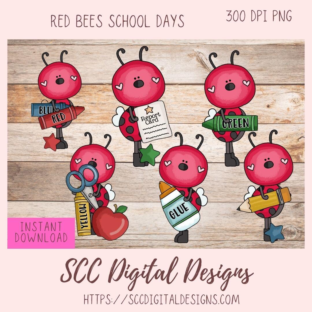 School Days Clipart, Red Bees School Supplies PNG, Crayons, Glue ...
