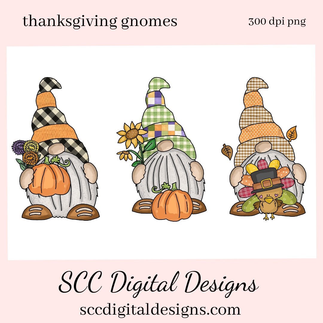 Thanksgiving Gnomes Clipart, Turkey, Pumpkin, Sunflower, DIY Holiday ...