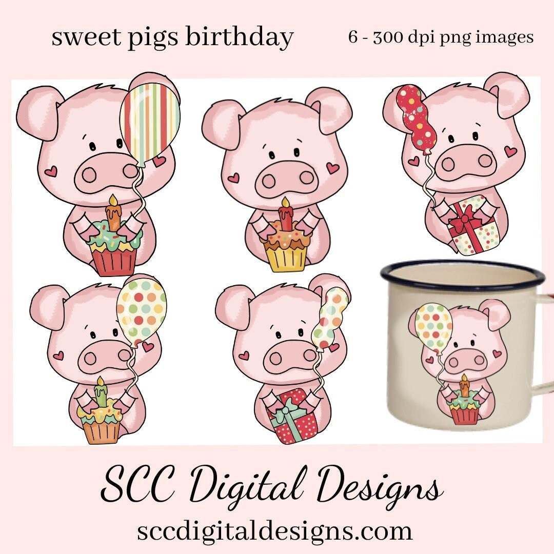 Sweet Pigs Birthday Clipart, Pig With Cupcakes, Balloons & Birthday ...