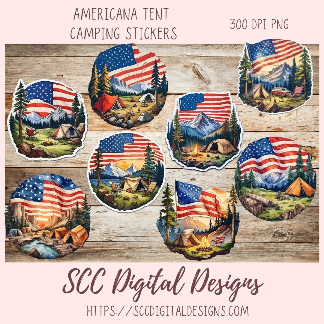 Americana PNG, Tent Camping Stickers for Planners, Trees, Campfires ...