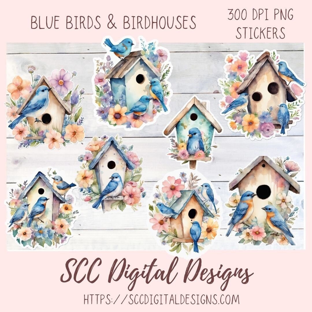 Blue Bird Houses Stickers for Digital or Paper Planners, Commercial Use ...