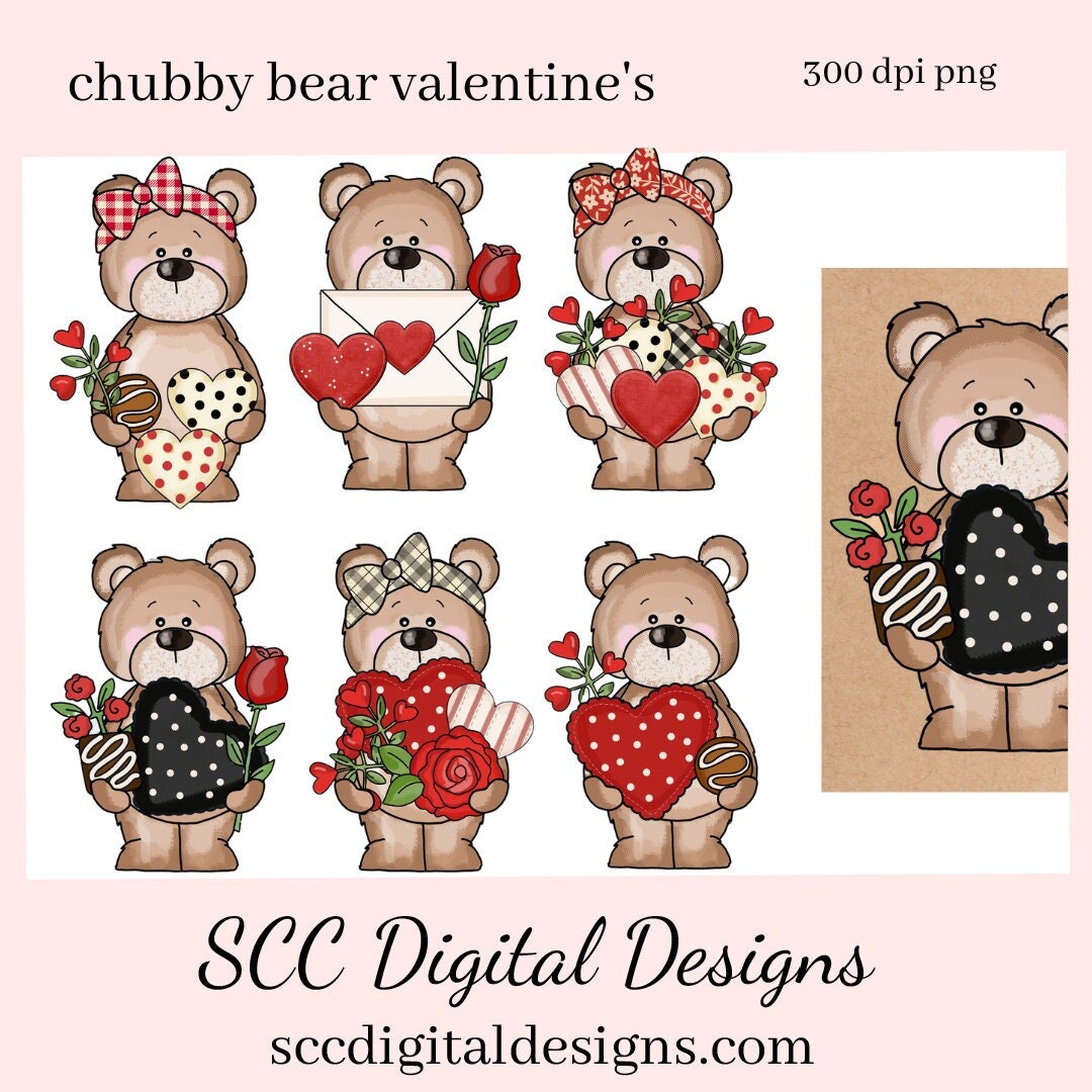 Valentine's Day Bear Clipart Collection: Red Hearts, Chocolate Candies ...