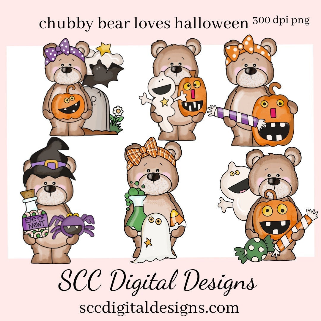 Chubby Bear Loves Halloween Clipart, Whimsical Bear, Ghost, Pumpkins ...