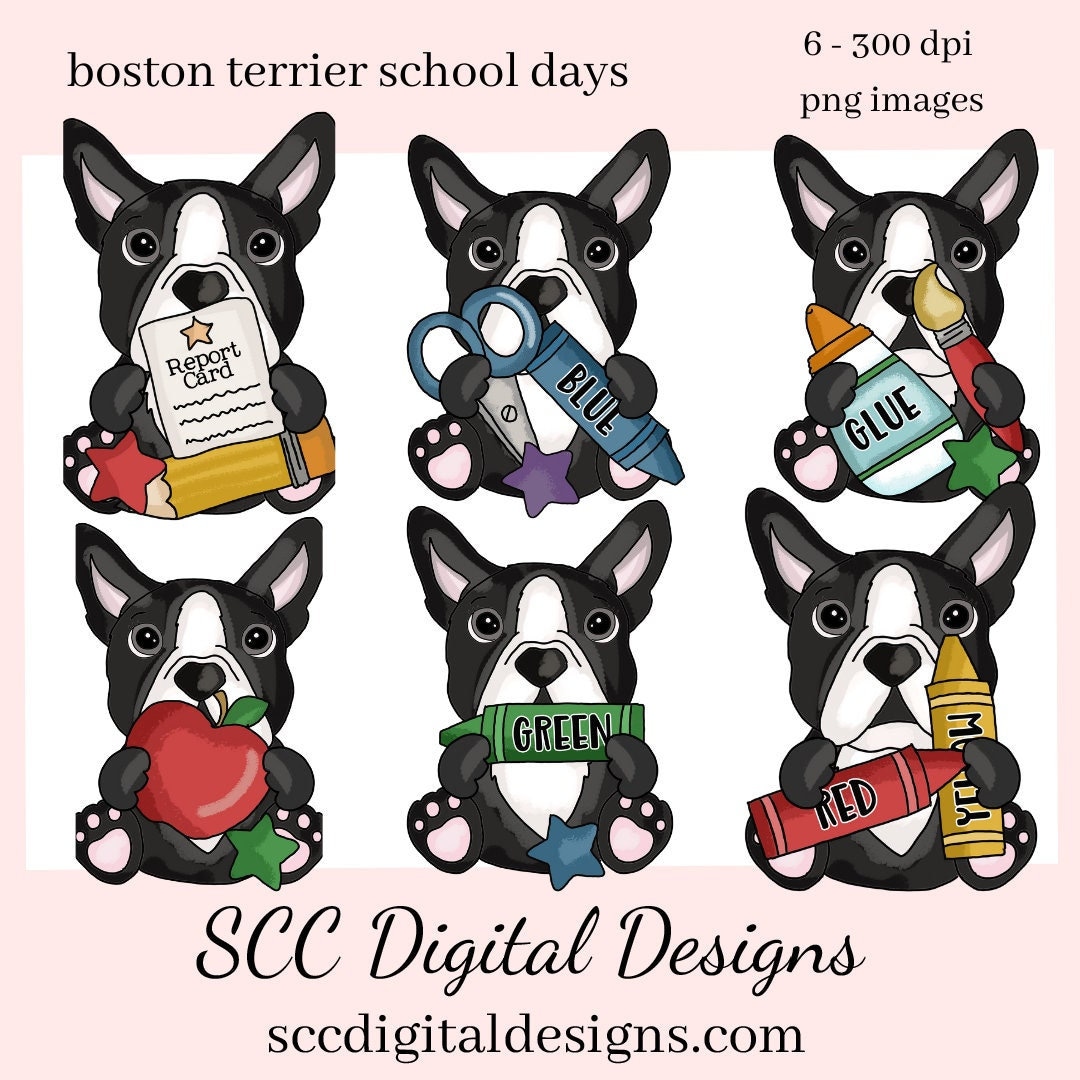 Boston Terrier School Days Clipart, Crayons, Glue, Report Card, Apple ...