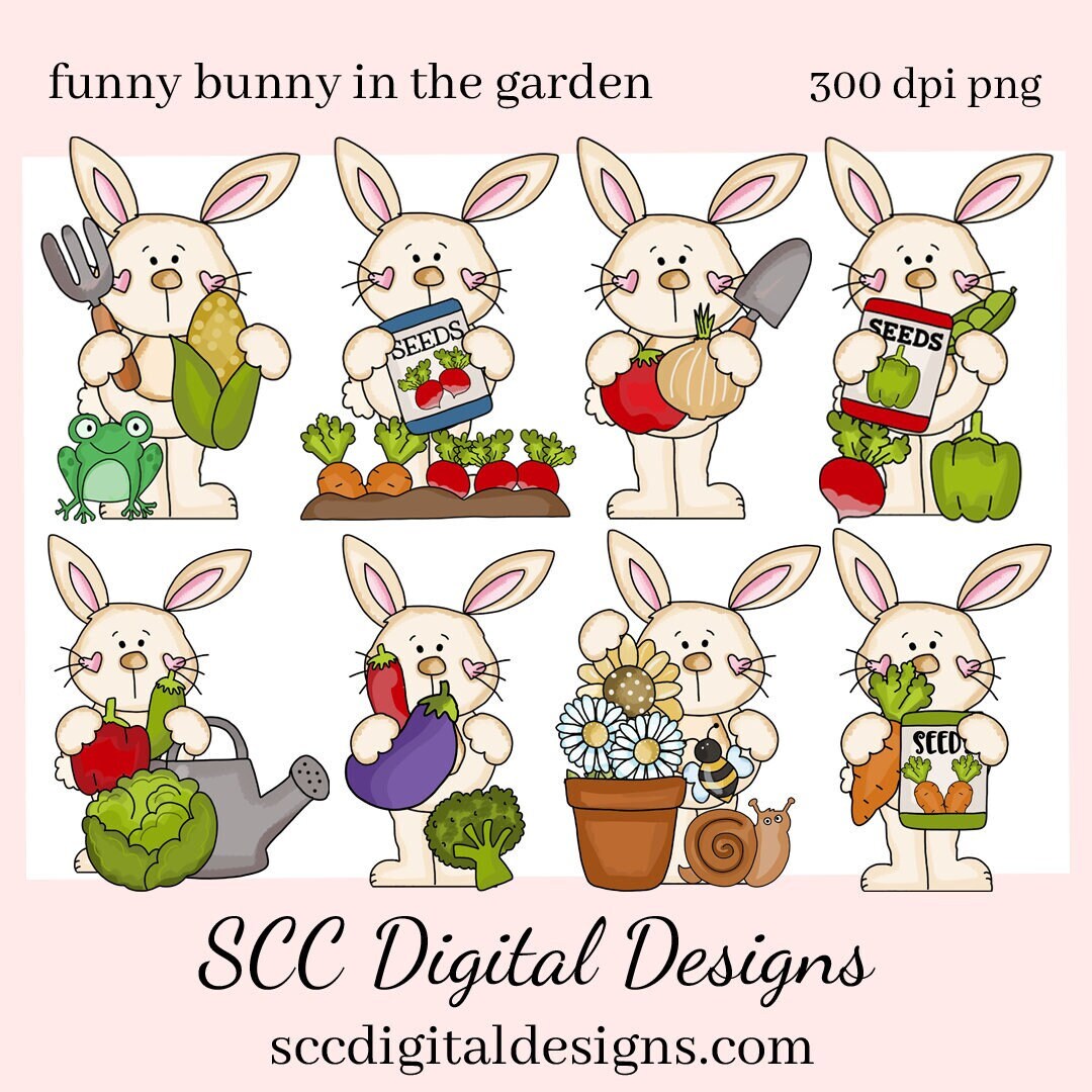 Funny Bunny in the Garden Clipart - Bunnies With Veggies, Seed Packets ...
