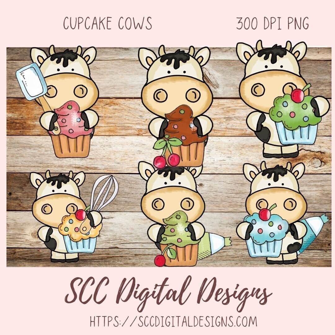 Cupcake Cows Clipart, Whimsical Black and White Cow PNG for Stickers ...