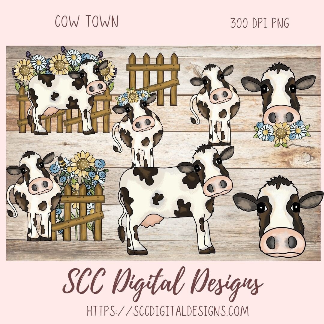 Cow Town PNG. Black and White Cows & Flower for Sublimation for ...