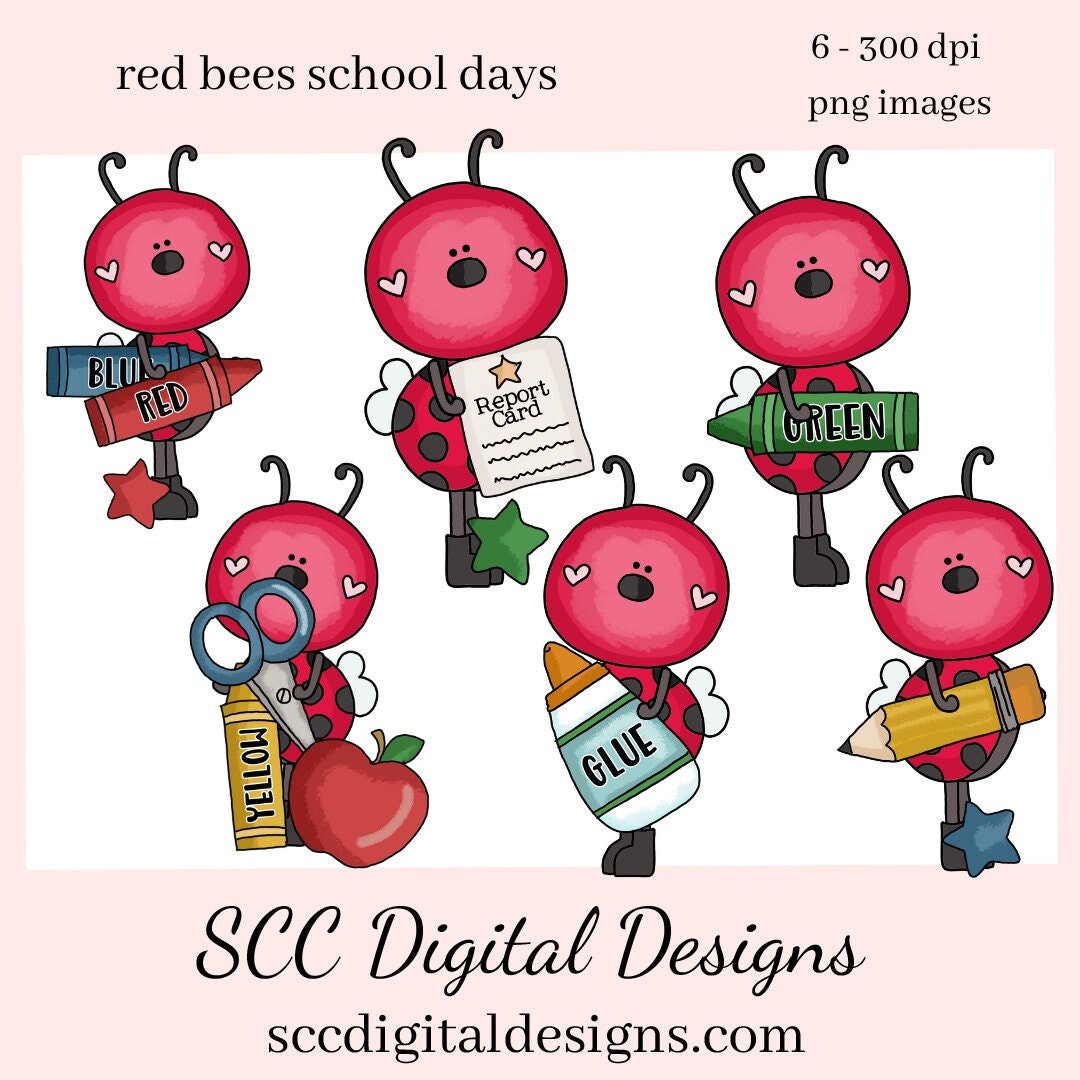 Red Bees School Days Clipart, Crayons, Glue, Report Card, Scissors ...