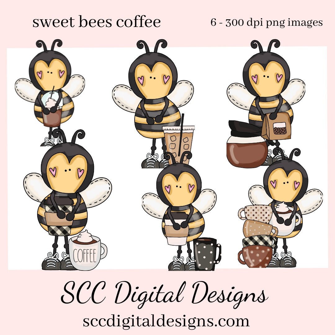 Sweet Bees Coffee Clipart, Java Lover Bee With Latte's & Coffee Mugs ...