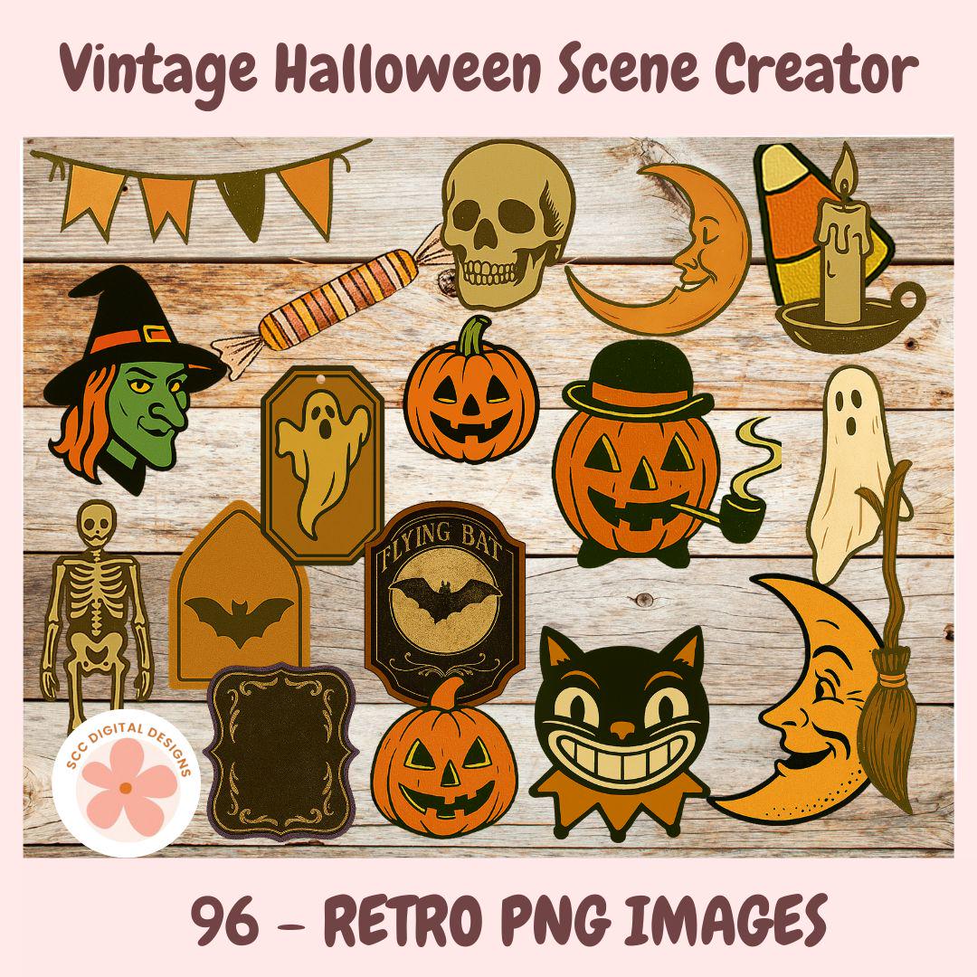 Halloween PNG, 96-retro Halloween Scene Creator Clipart, DIY Printable ...