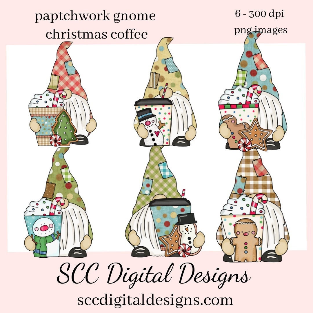 Patchwork Gnomes PNG, Christmas Coffee, Xmas Cookie, Snowman, Exclusive Clipart, DIY Gift for ...