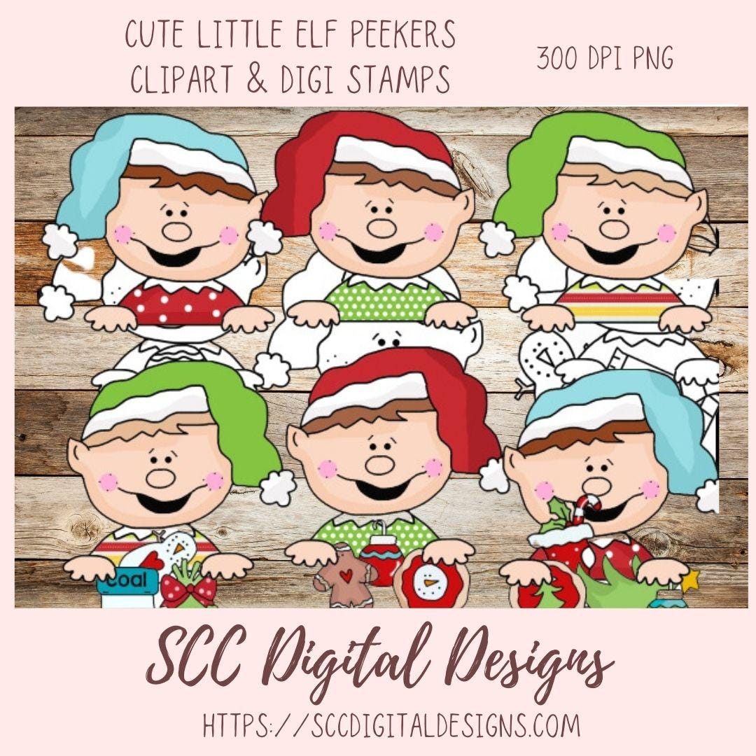 Cute Christmas Elf Clipart & Digital Stamps, Line Art PNG for Kids ...