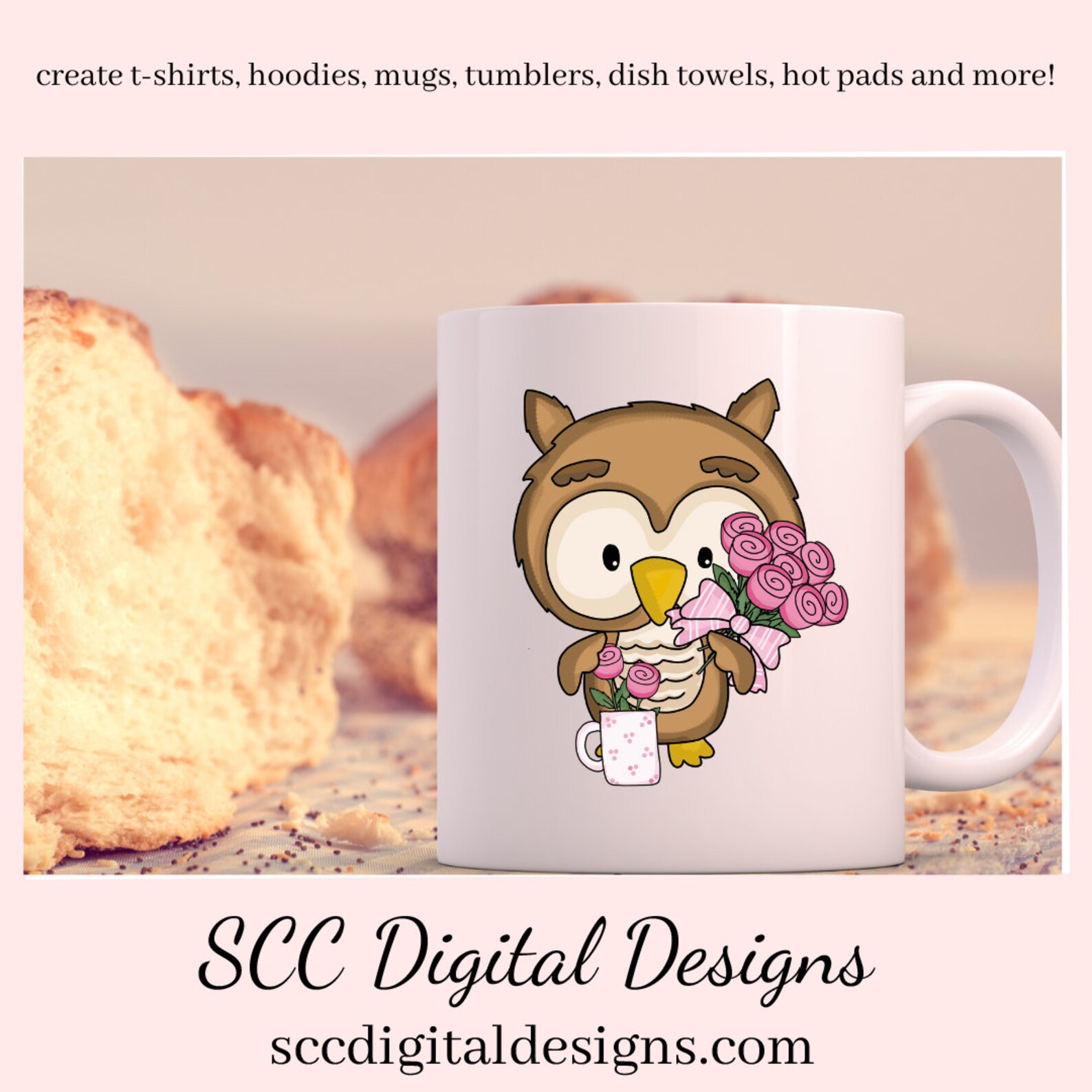 Cute Owls PNG, Coffee, Pink Roses, Clip Art Set, DIY Gift for Her, Owl ...