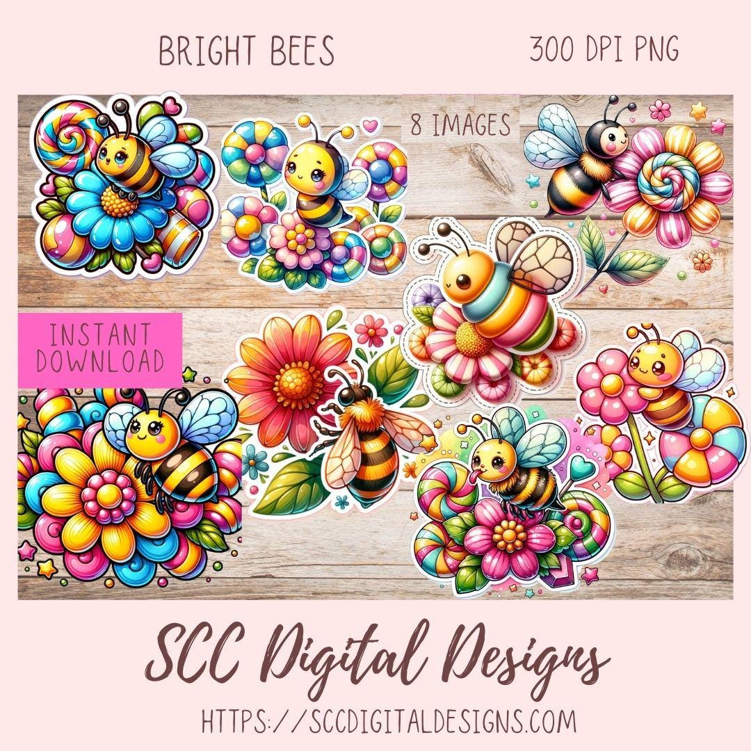 Kawaii Bees Clipart Bundle, Bright Colorful Rainbow Bumble Bees PNG for ...