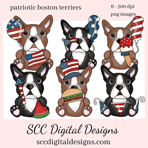 Patriotic Boston Terriers Clipart Dogs With Red White & Blue | Etsy