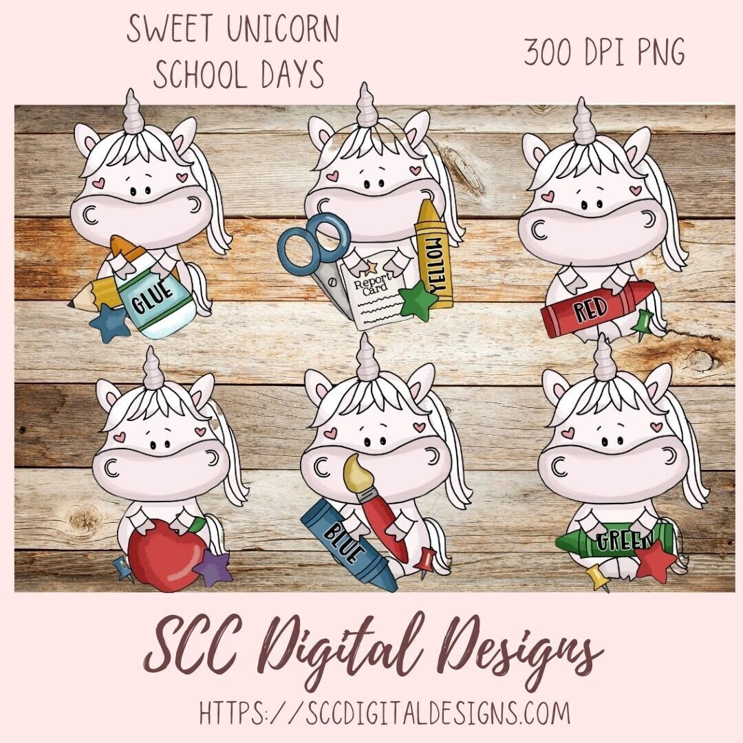 Whimsical Unicorns School Days Clipart for Stickers for Girls, School ...