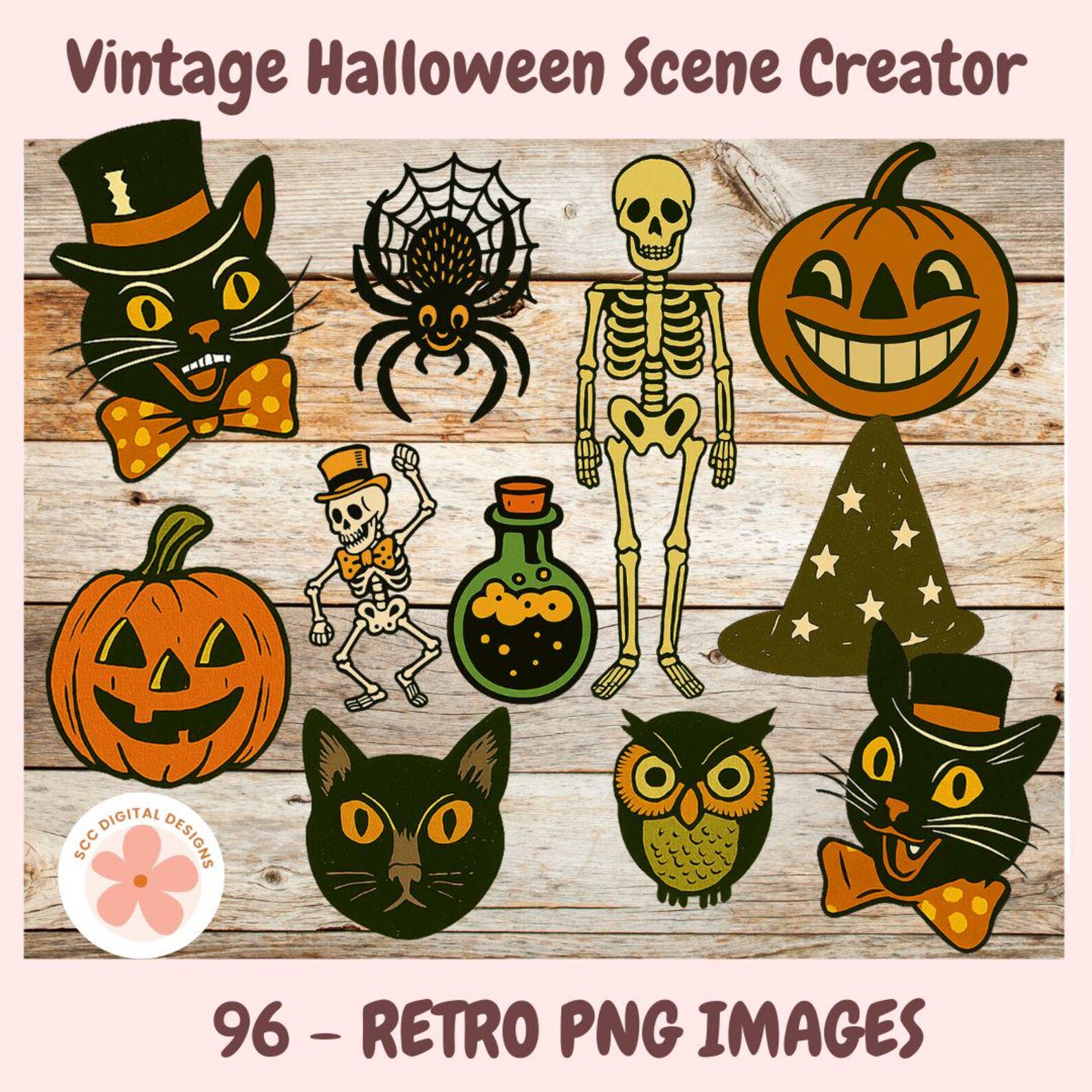 Halloween PNG, 96-retro Halloween Scene Creator Clipart, DIY Printable ...
