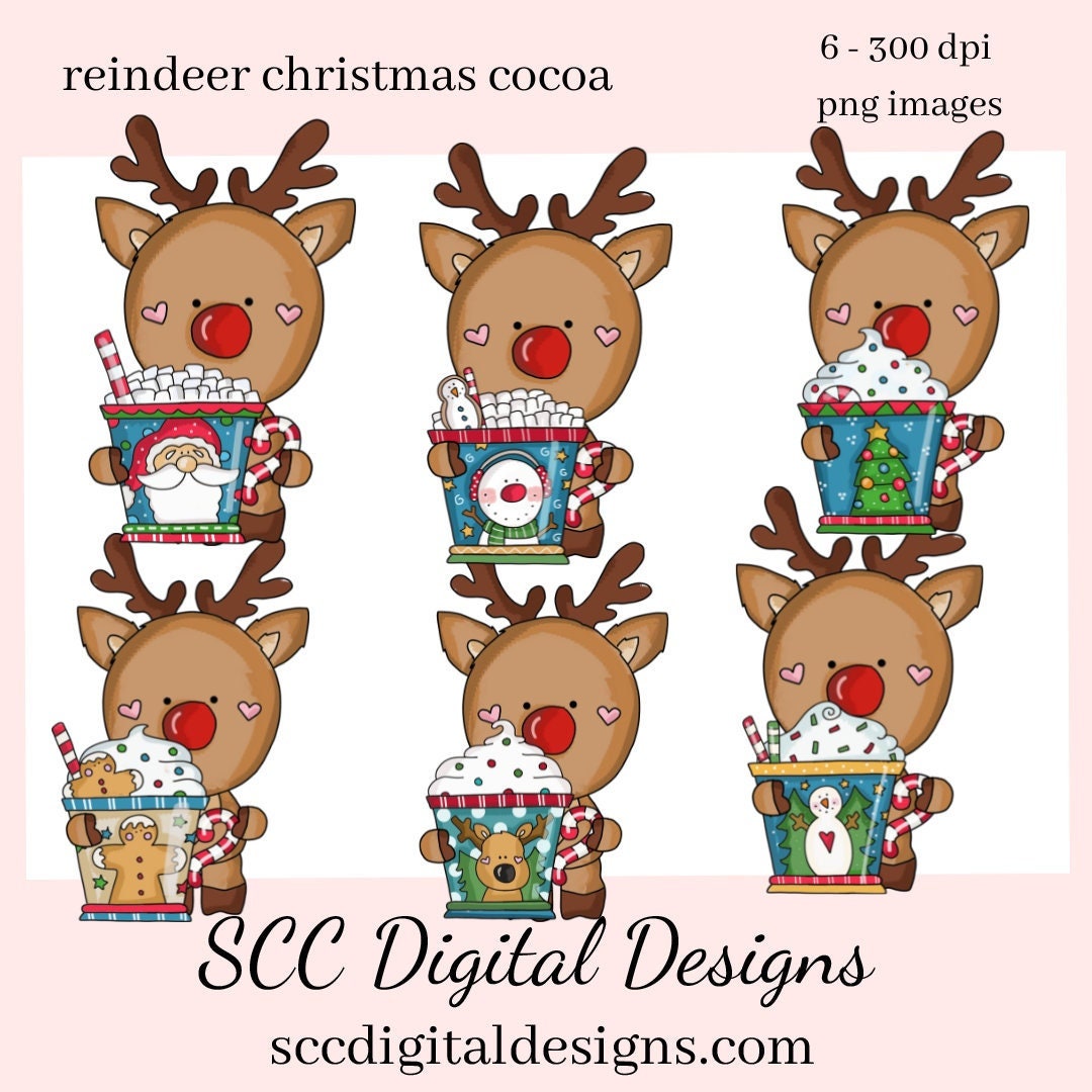 Reindeer Christmas Cocoa Clipart, Hot Chocolate Cup, Marshmallow, Santa ...
