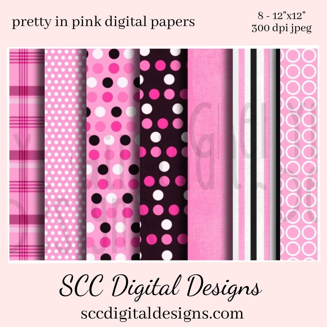 Pink Polka Dot Digital Paper Pack Digital Download, Pink Stripe Digital ...