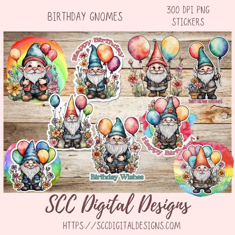 Happy Birthday Gnomes Clipart, Printable and Cut Stickers, Digital PNG ...