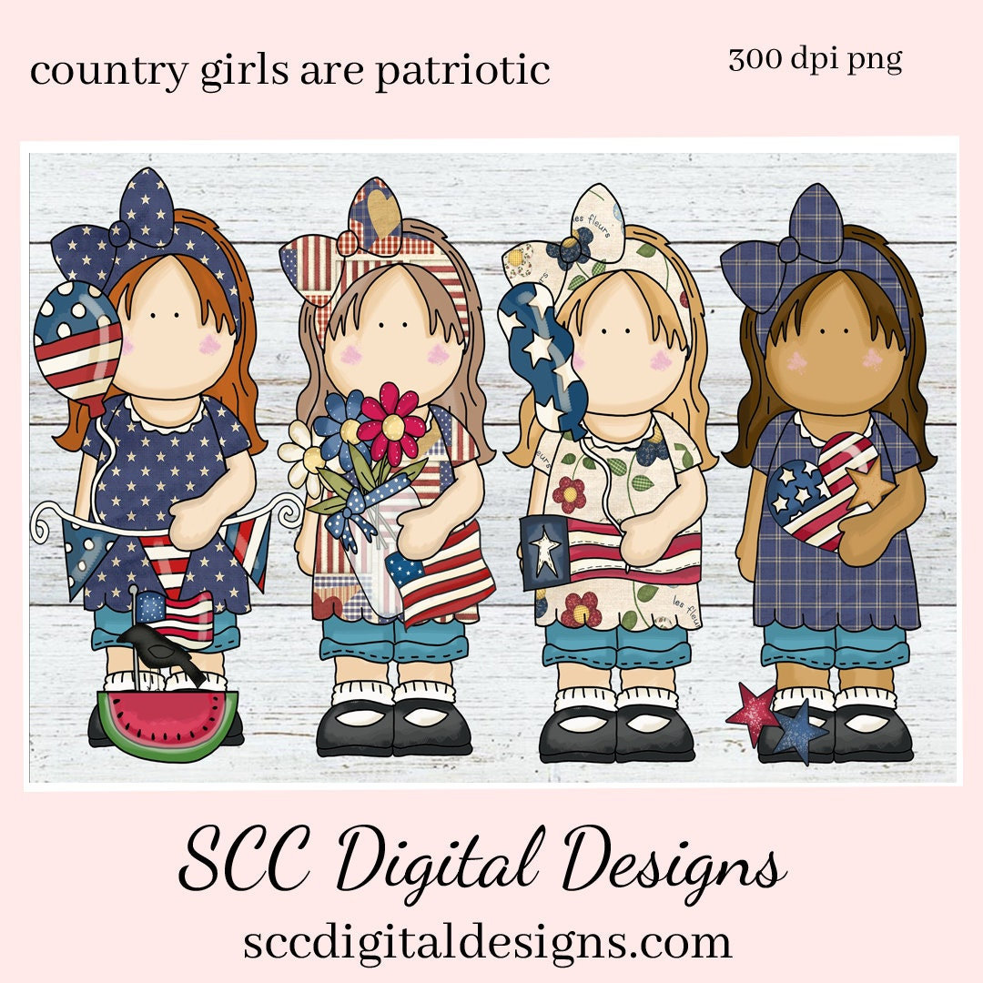 Country Girls Patriotic Clipart, Red White Blue Flags, Balloons ...