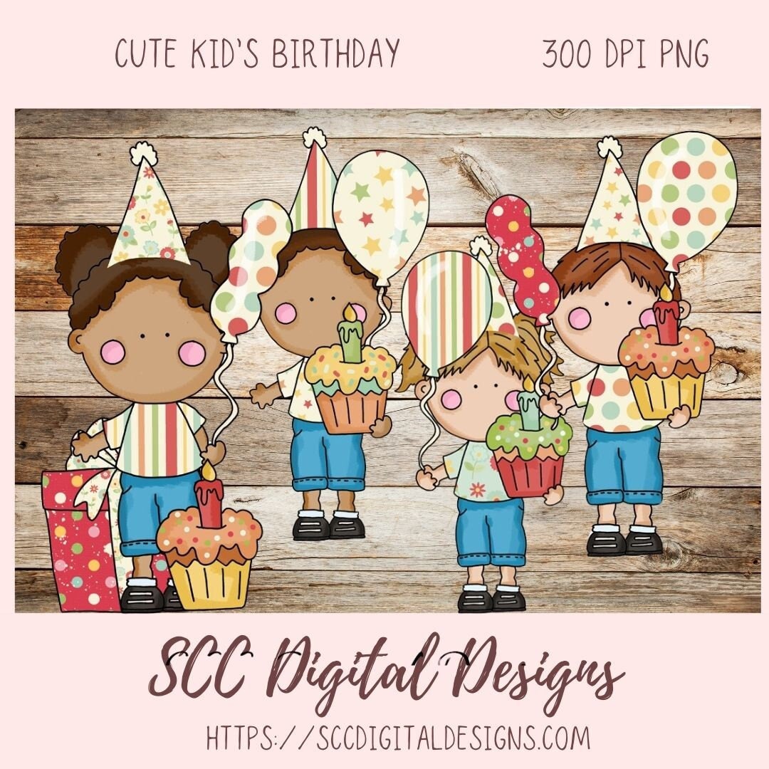 Cute Kids Birthday PNG, Diverse Boys & Girls With Balloons, Party Hats ...