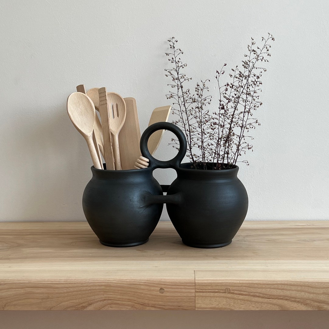 Black Kitchen Utensil Holder Ceramic Utensil Holder Double - Etsy Australia
