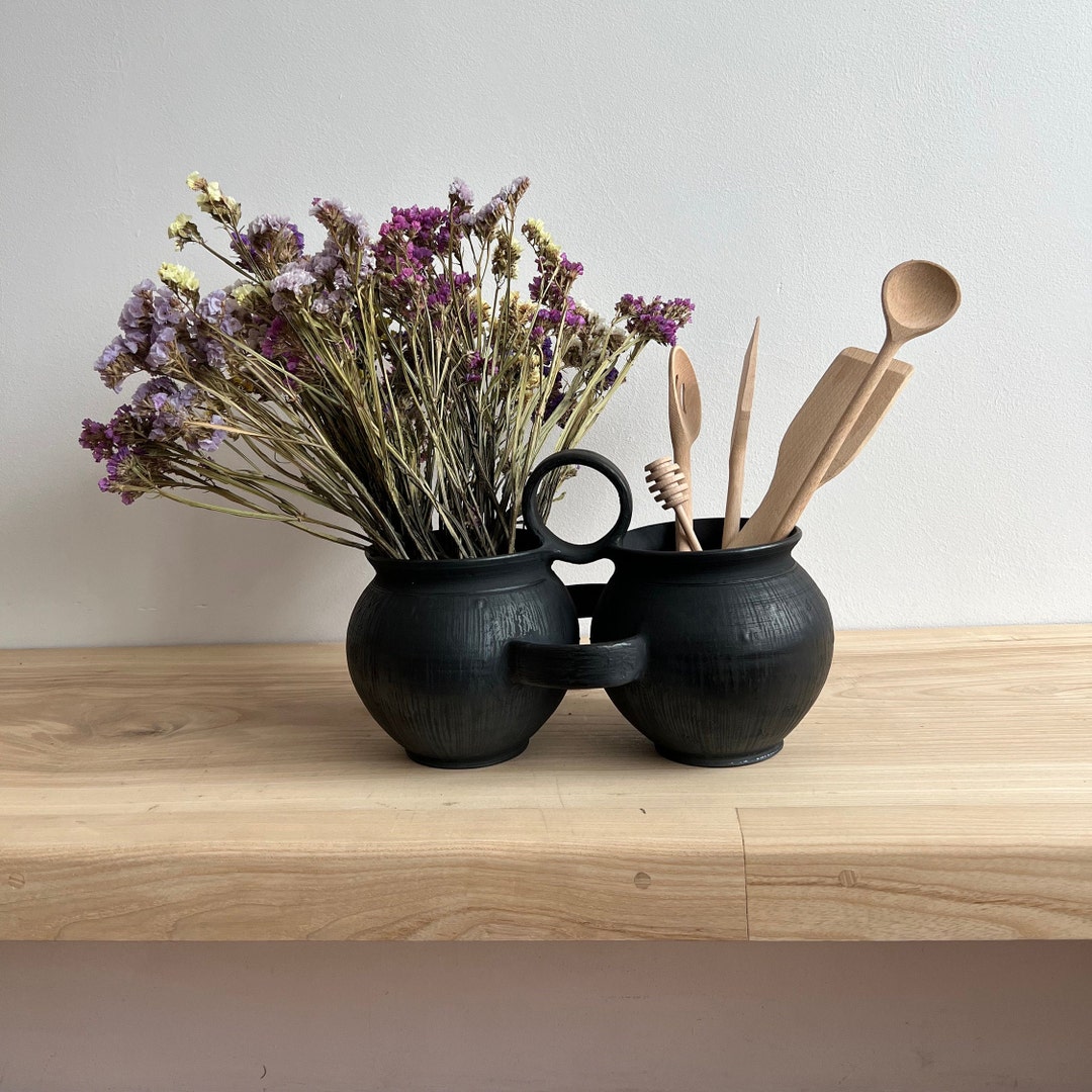 Black Clay Pot, Double Black Pot, Wabi Sabi Ceramics Vase, Black ...