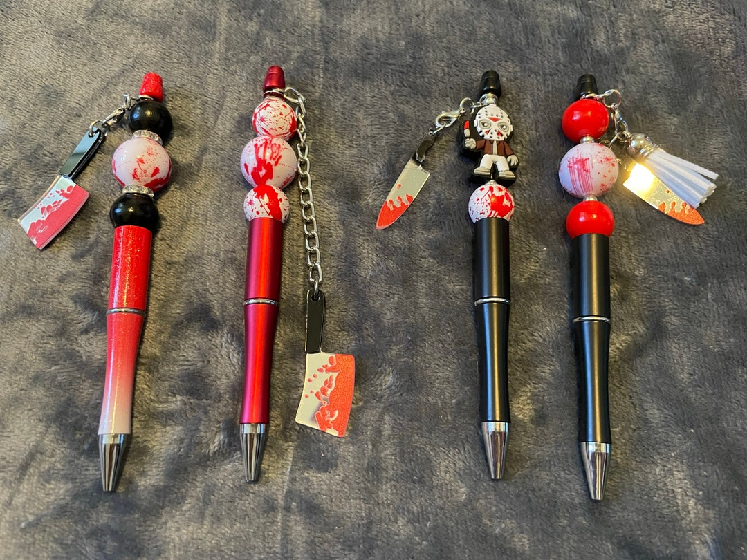 Horror Movie Beaded Pens - Spooky Beaded Pens W/ Knife Charm - Blood ...