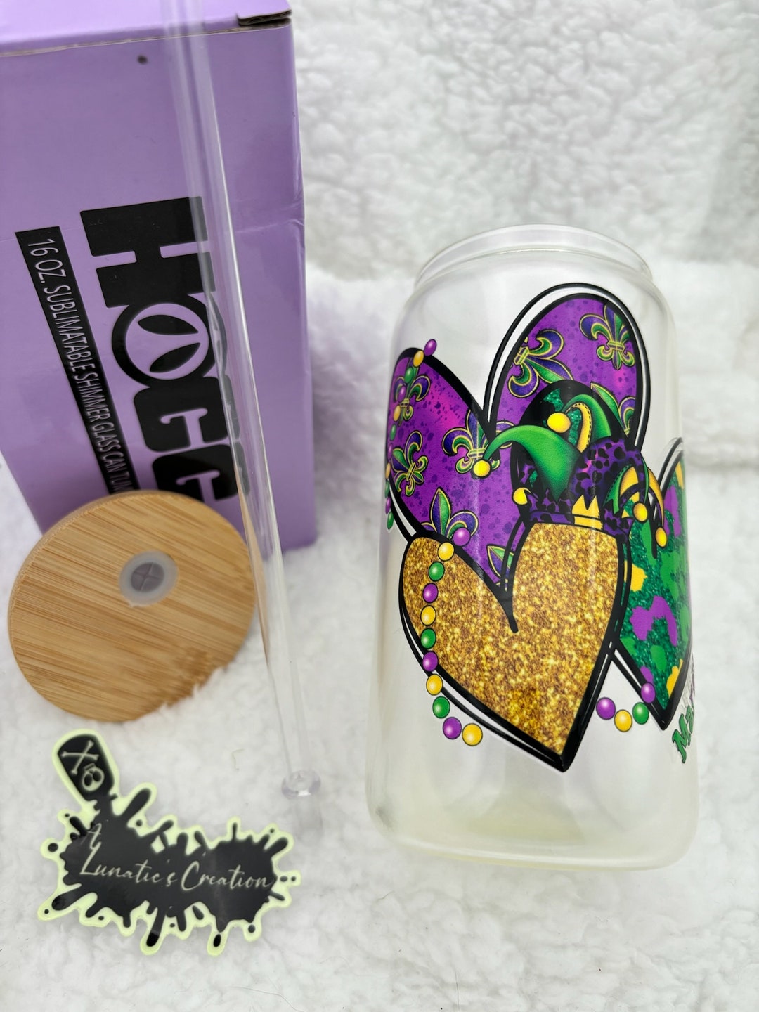Mardi Gras Hearts Purple Shimmer 16oz Glass Tumbler Lid and Straw Mardi ...