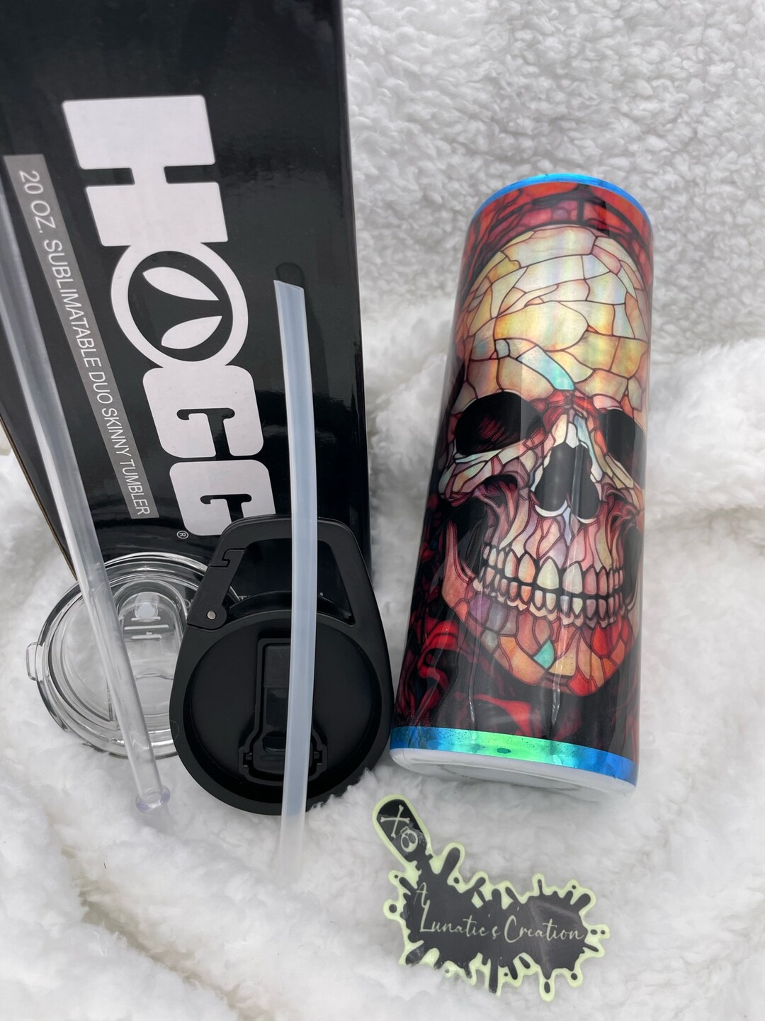 Stained Glass Skull Resin 20oz Duo Skinny Tumbler, Faux Mosaic Skull ...