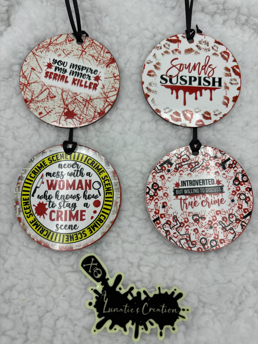 True Crime Set of 4 MDF Christmas Ornaments, Tree Décor, Gag Gift, White Elephant Gift, Blood ...