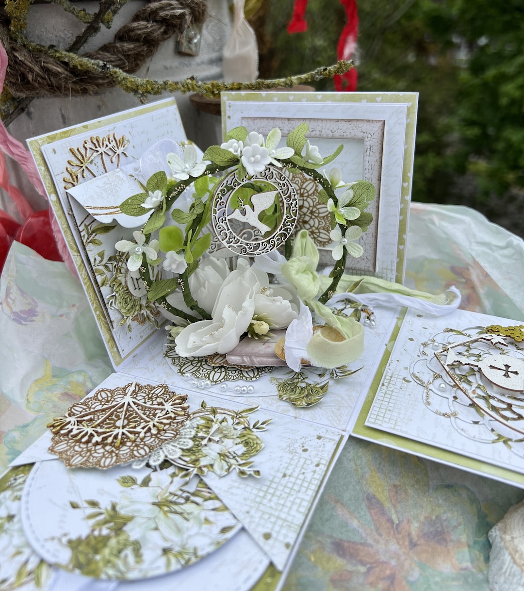 First Holy Communion Exploding Box, White, Green, Gold, Scrapbooking, 3D, Handmade Boy Girl - Etsy