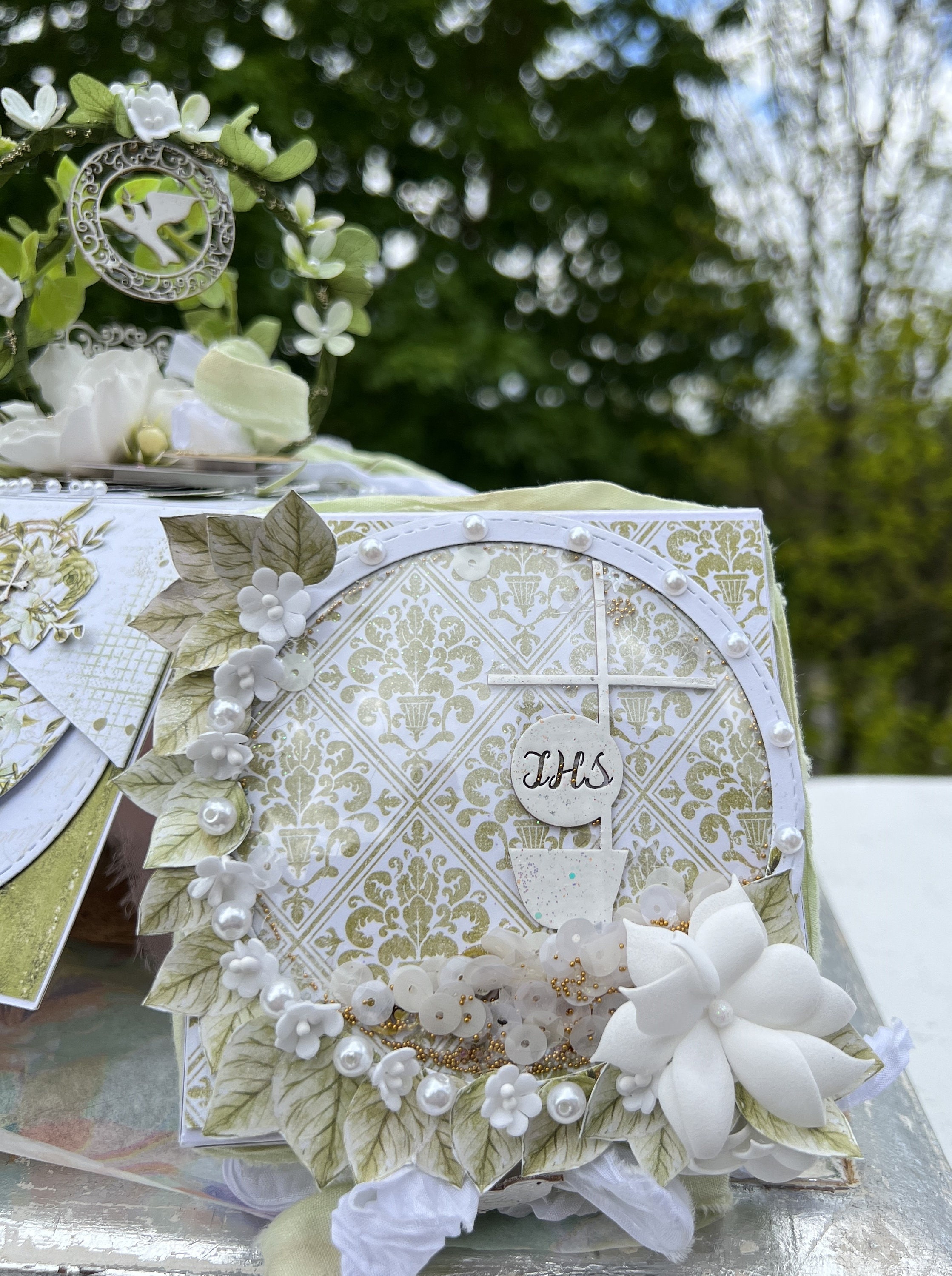 First Holy Communion Exploding Box, White, Green, Gold, Scrapbooking, 3D, Handmade Boy Girl - Etsy