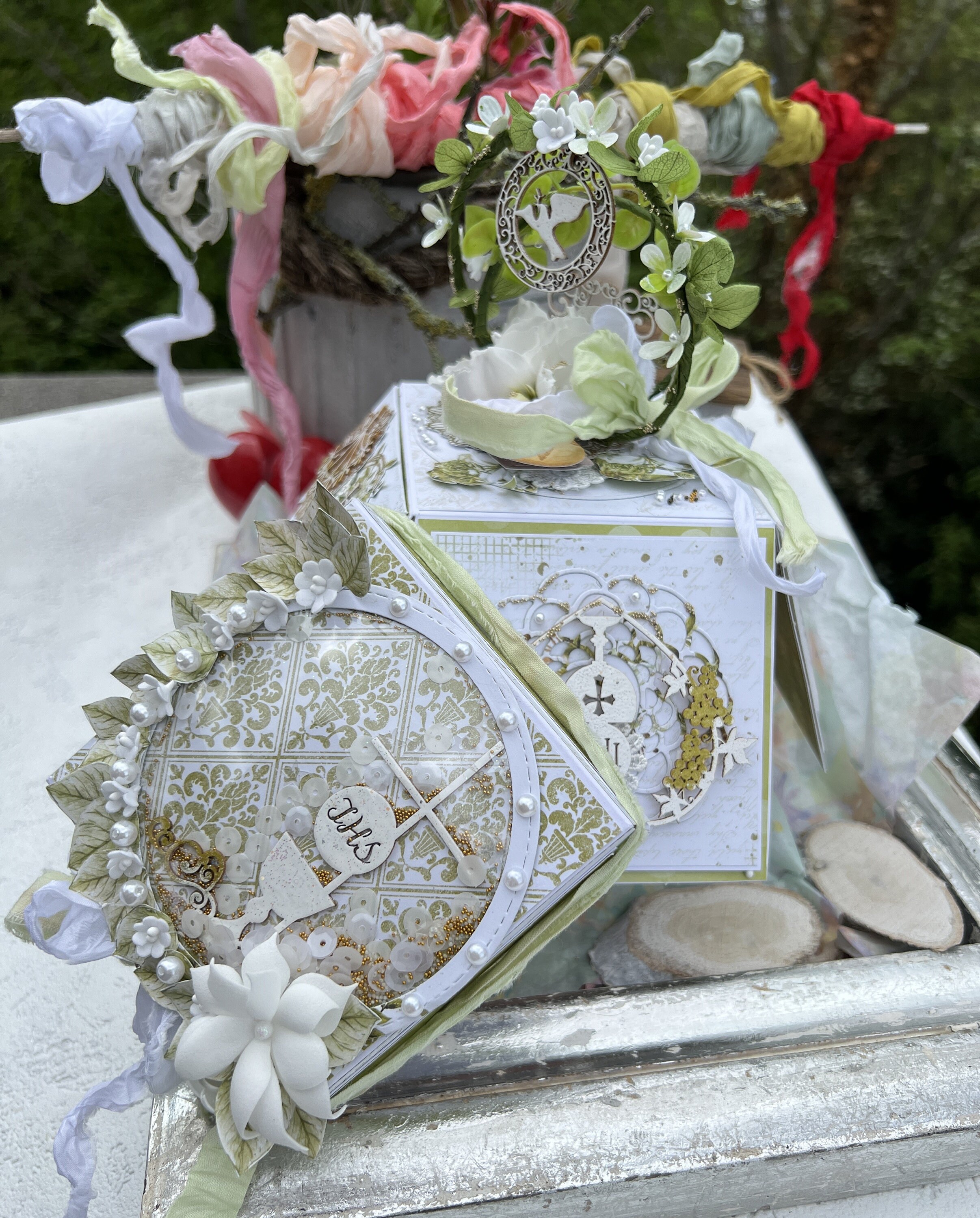 First Holy Communion Exploding Box, White, Green, Gold, Scrapbooking, 3D, Handmade Boy Girl - Etsy