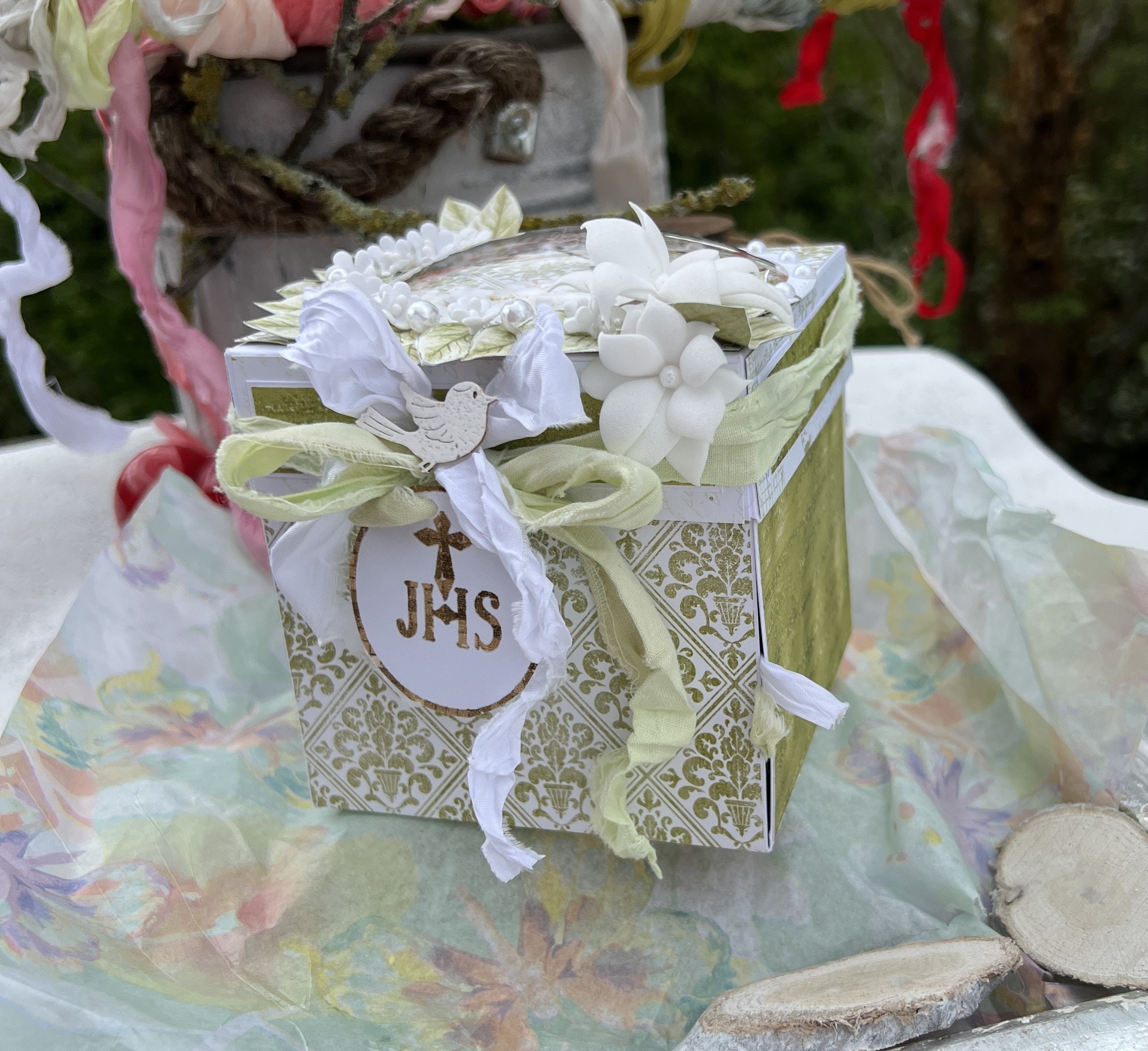 First Holy Communion Exploding Box, White, Green, Gold, Scrapbooking, 3D, Handmade Boy Girl - Etsy