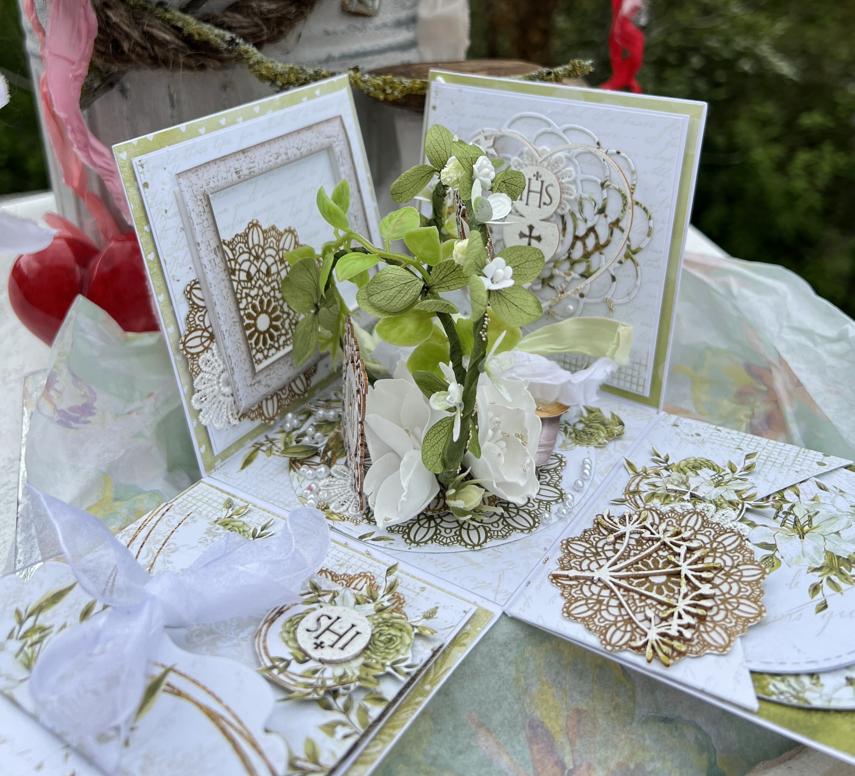 First Holy Communion Exploding Box, White, Green, Gold, Scrapbooking, 3D, Handmade Boy Girl - Etsy